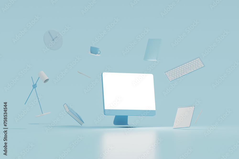 Computer monitor with ofice icon, business finance float on pastel blue ...