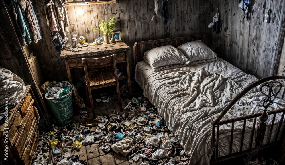 A very dirty and cluttered room of a lonely person with mental issue ...