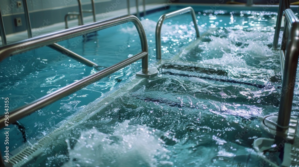 A view of a hydrotherapy pool with multiple jets and steps for patients ...