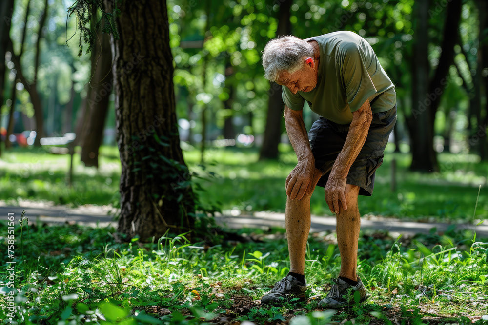 Leg injury during walking and sports training. Senior gray-haired man ...