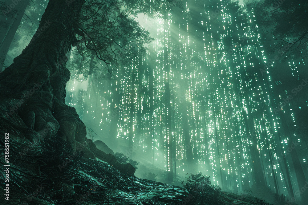 An eerie scene of a digital forest consumed by a viral infection Stock ...