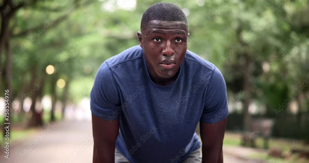 Park, thinking or black man in running exercise, outdoor workout and ...