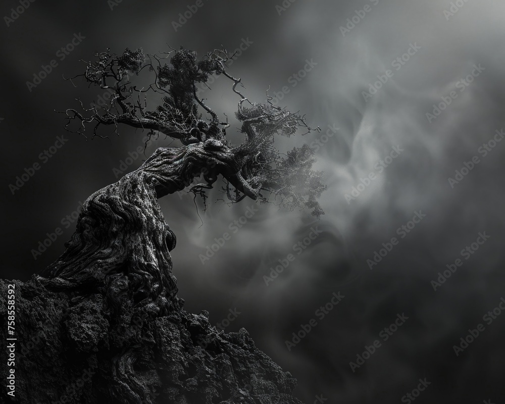 Surreal Bonsai Tree in Mist, Embodying Struggle and Persistence in ...