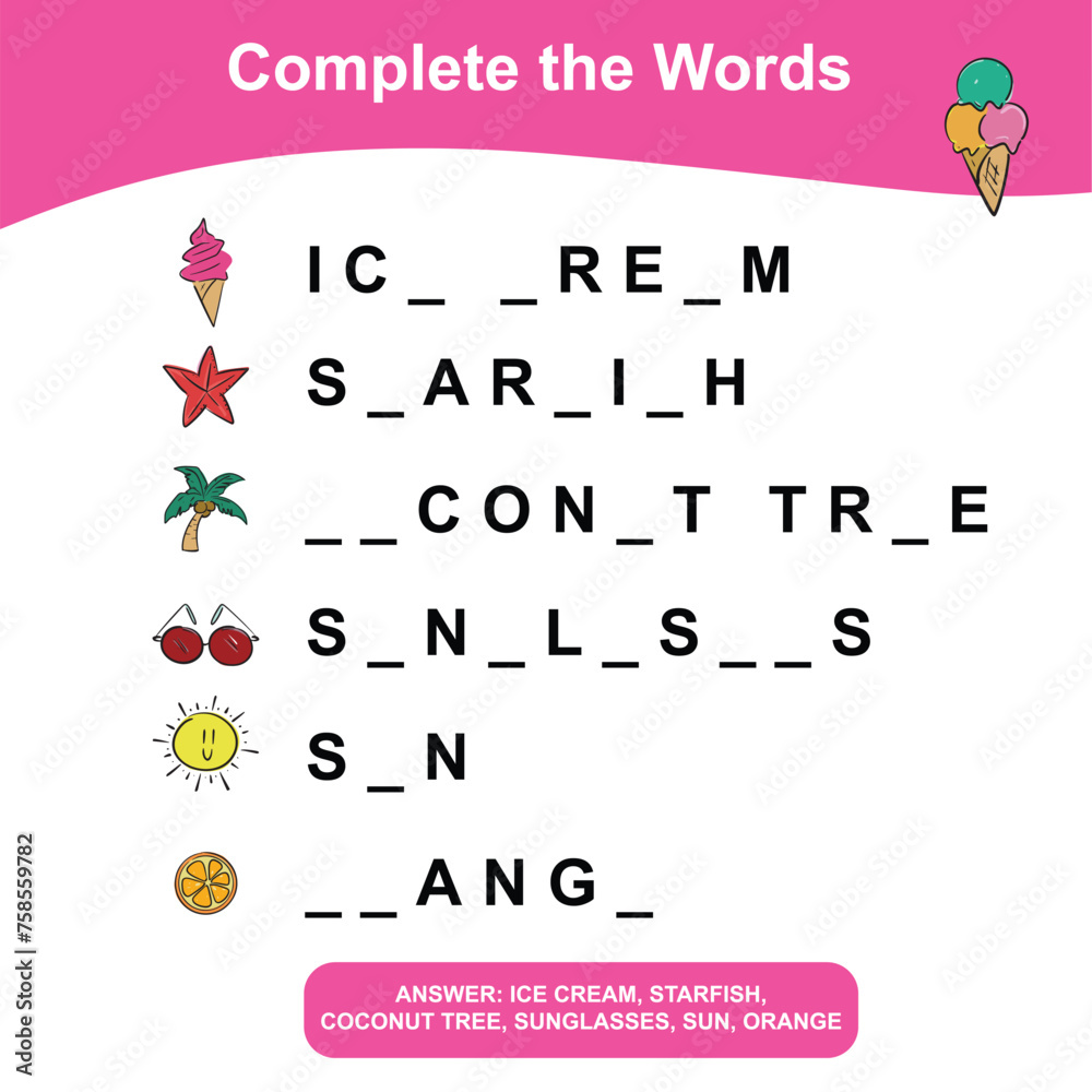 What letters are missing? Complete the letters in English. Kids ...