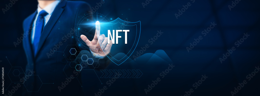 Businessman hand touches an NFT (Non-Fungible Token) representing ...