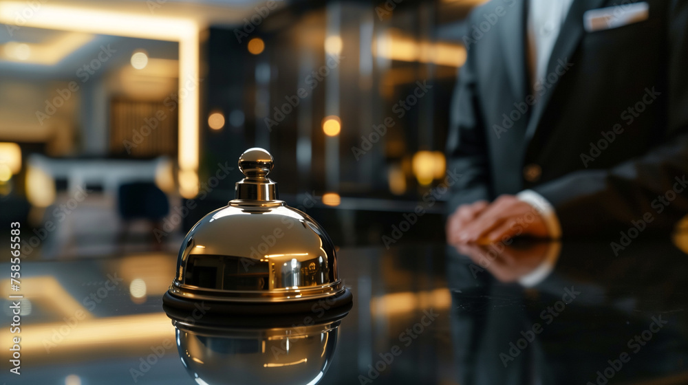 A concierge in a tailored suit presses a shiny service bell on a sleek ...