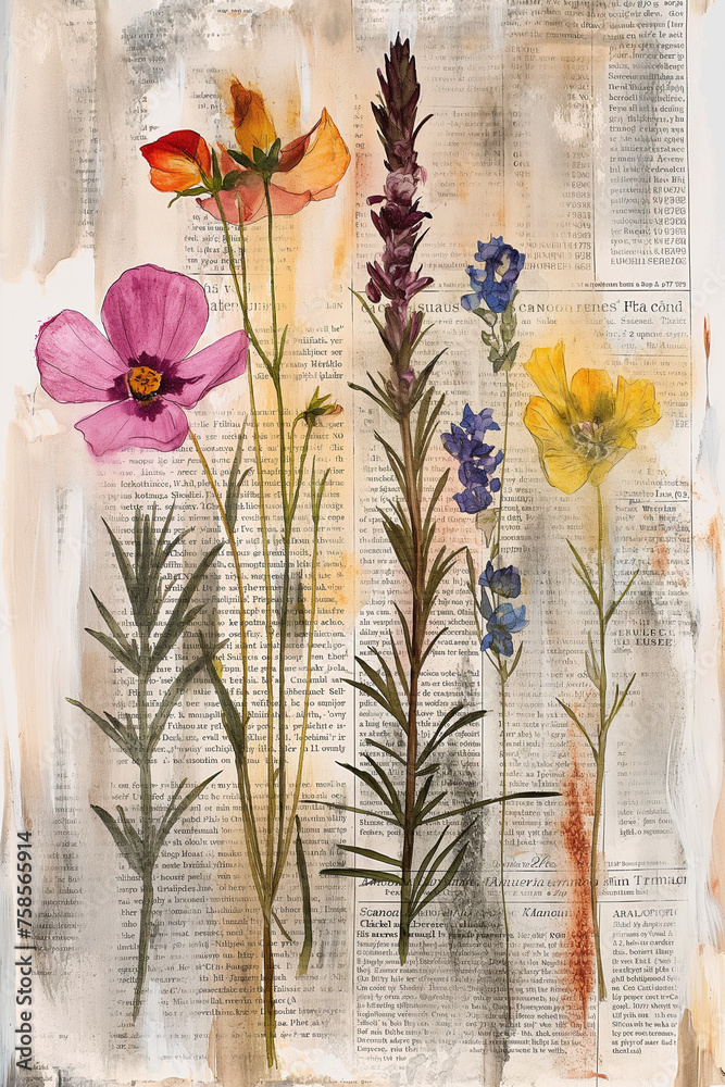 Pressed watercolor flowers on a weathered newspaper page, vintage ...