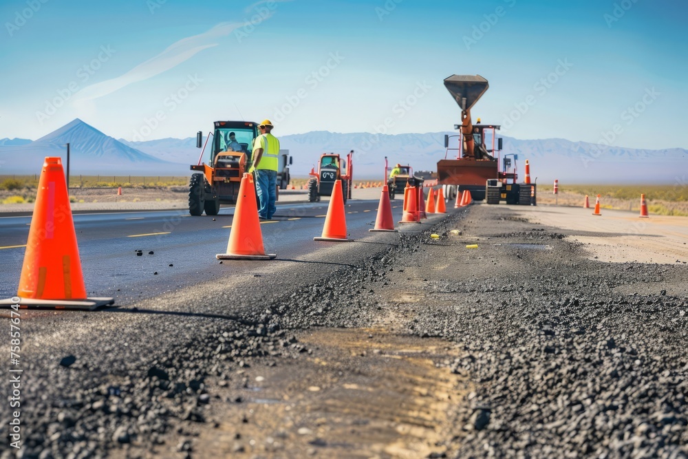 Foto de Team of road construction workers repairing a highway, with ...