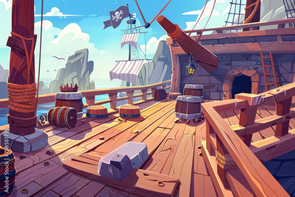 Illustration of a pirate ship wooden deck onboard view, a boat with ...