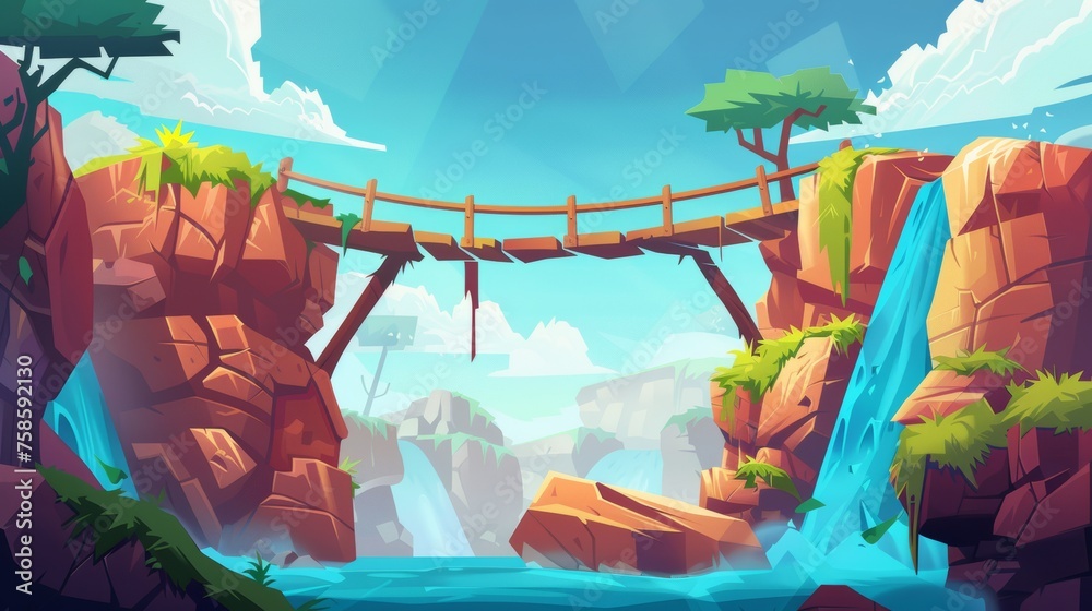 Stream and waterfall view, beam bridgework connects rocky edges, pink ...