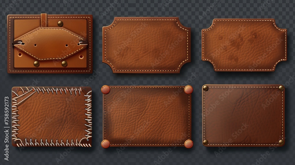 Set of brown isolated realistic leather patches. Label tag with seam ...
