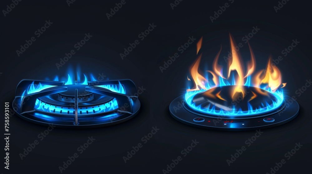 A gas burner with blue flames and glowing fire rings on a kitchen stove ...