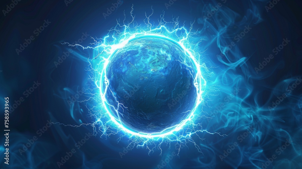 An electric ball with a round lightning frame inside a blue thunderbolt ...