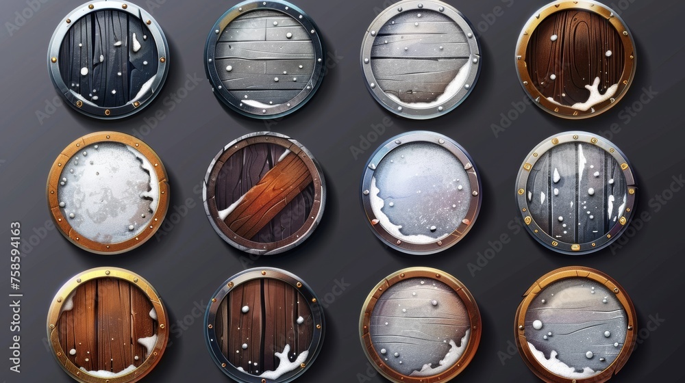 An Illustration Set Of Round Ui Game Frames Made Of Gold Silver And