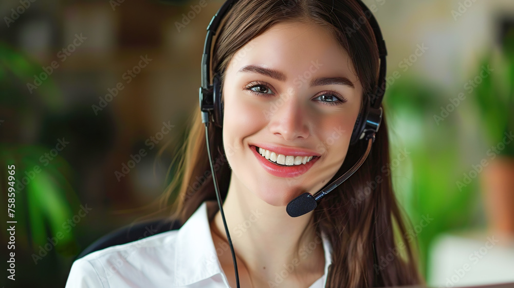 Call center young woman and smile in contact us with CRM headset with ...