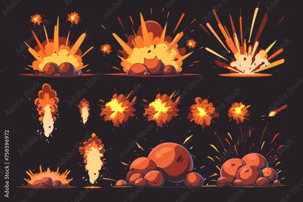 Cartoon 2D set of explosion sprite sheets of dynamite or rocket hits ...