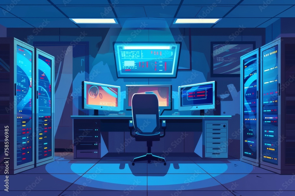 Detailed modern cartoon interior of an information storage office with ...