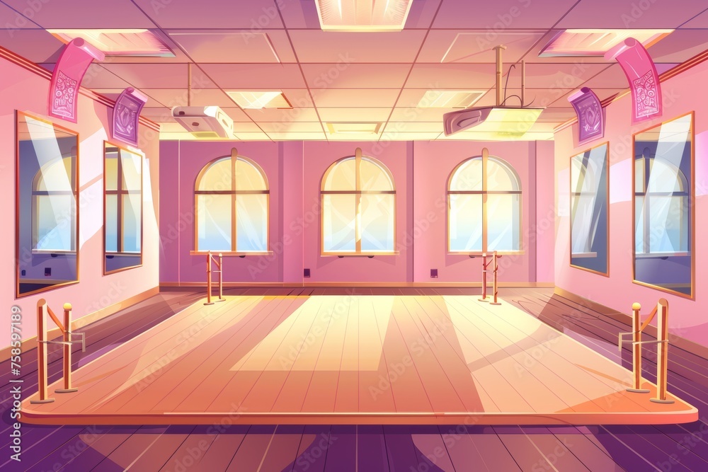In a dance studio, a mirror-filled interior of a ballet class. A ...
