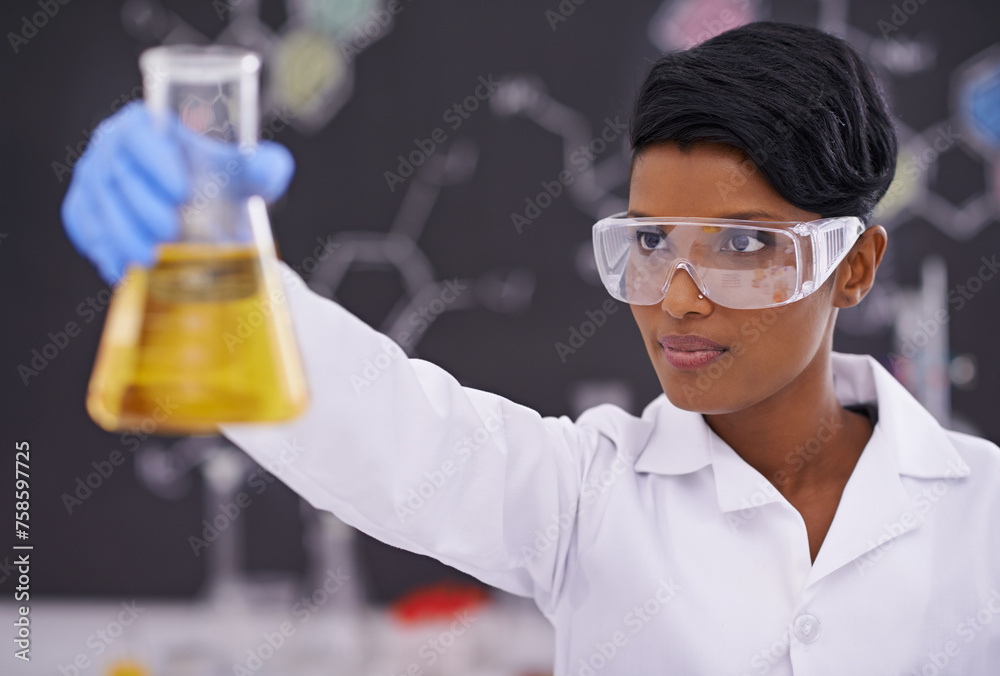 Science, laboratory and black woman with sample in beaker for medical ...