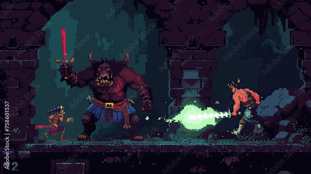 Pixel character fights a monster. Pixel art, style, mutant, undead ...