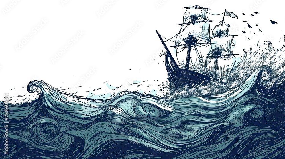 Ship. Abstract, doodle, surf, waves, wind, wreck, sail, sea, captain ...