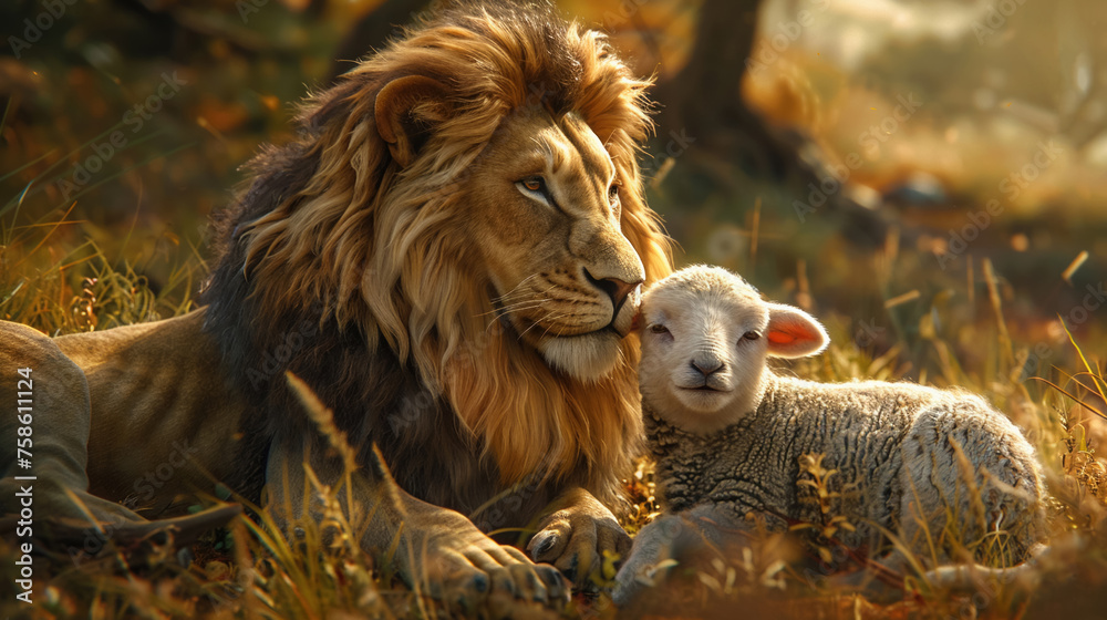Idyllic scene of a lion and lamb together in a utopian world ...