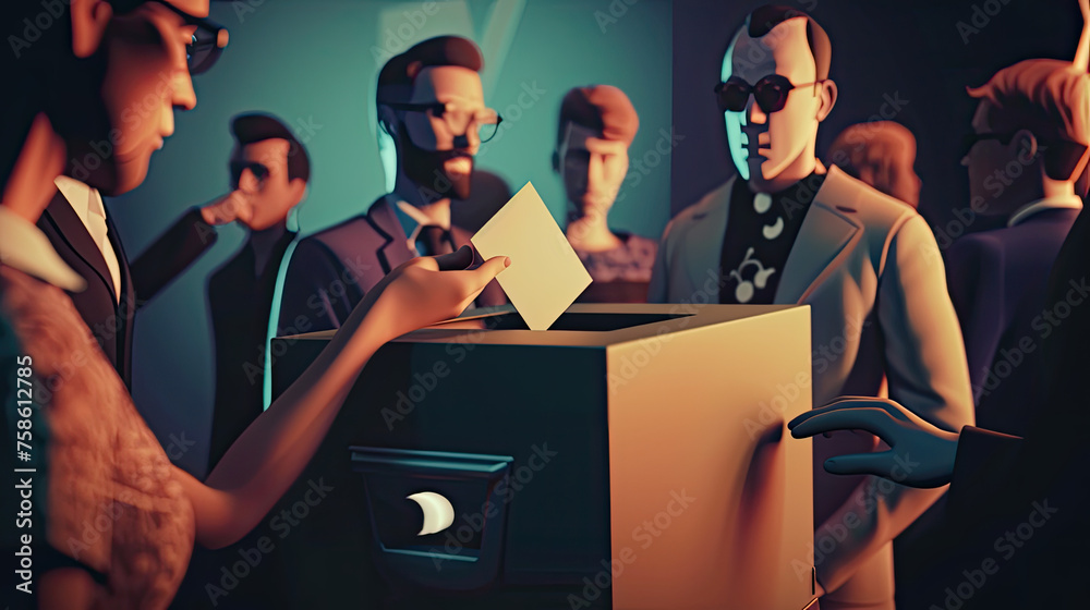 Animated characters casting votes into a ballot box in a stylized dimly ...