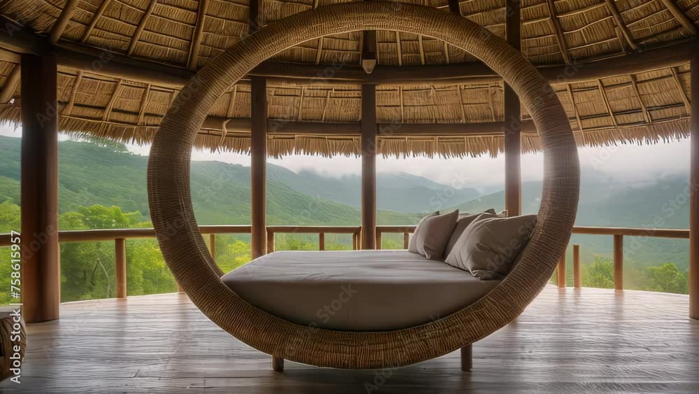 Video animation footage of large round bed with plush pillows is placed ...