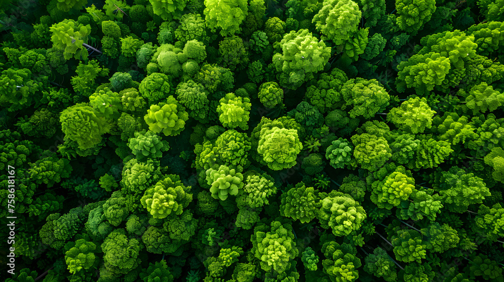 Aerial top view of green trees in a forest. The drone view of a dense ...