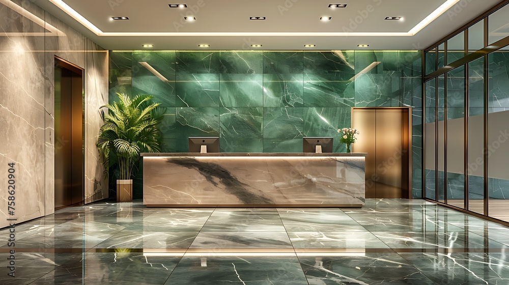 Modern and luxurious Offices lobby interior area with elevators and ...