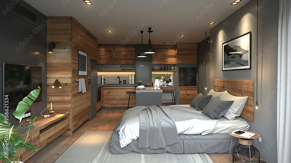 Modern grey and wooden interior of small studio apartment Front view of ...