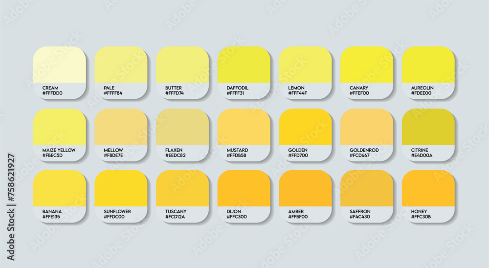 Yellow Color Palette, Yellow Color Guide with color Names. Catalog ...