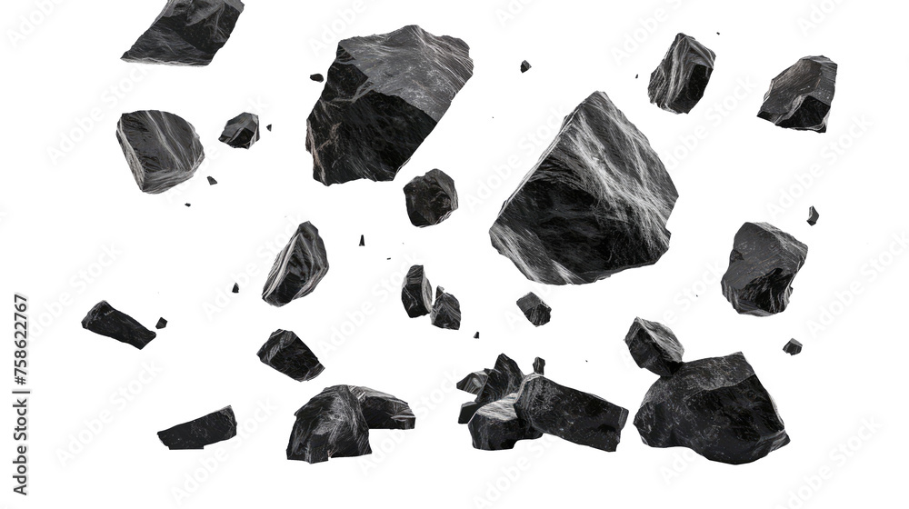 black rocks falling levitating flying, isolated on Transparent ...