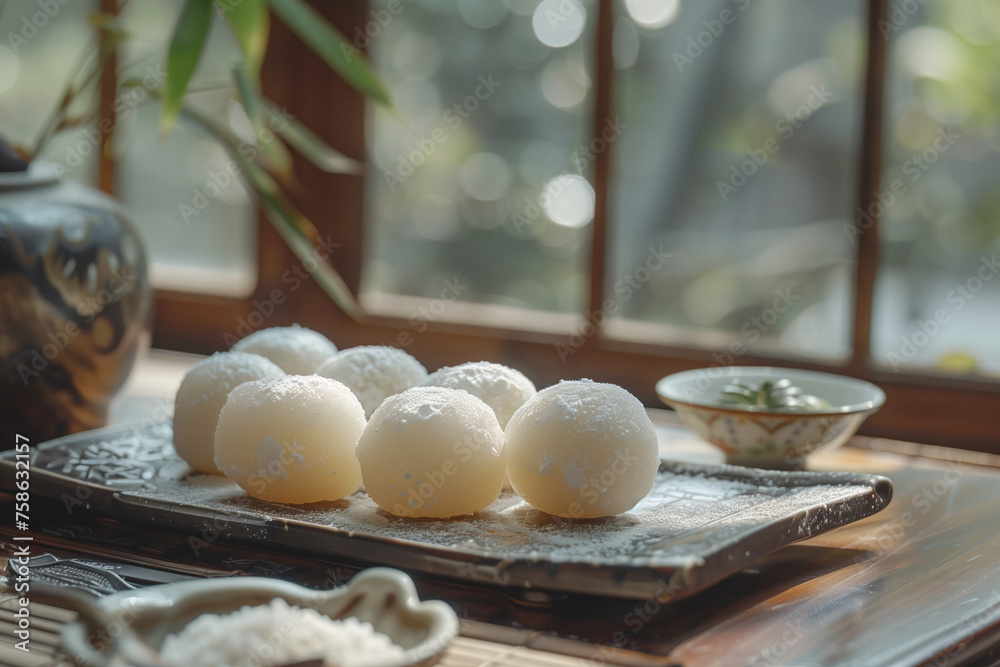 Fresh Mochi Collection on Bamboo Tray. A selection of white mochi ...