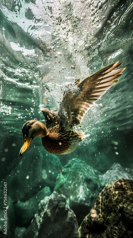 Foto de Unique view of a duck diving and swimming underwater, revealing ...