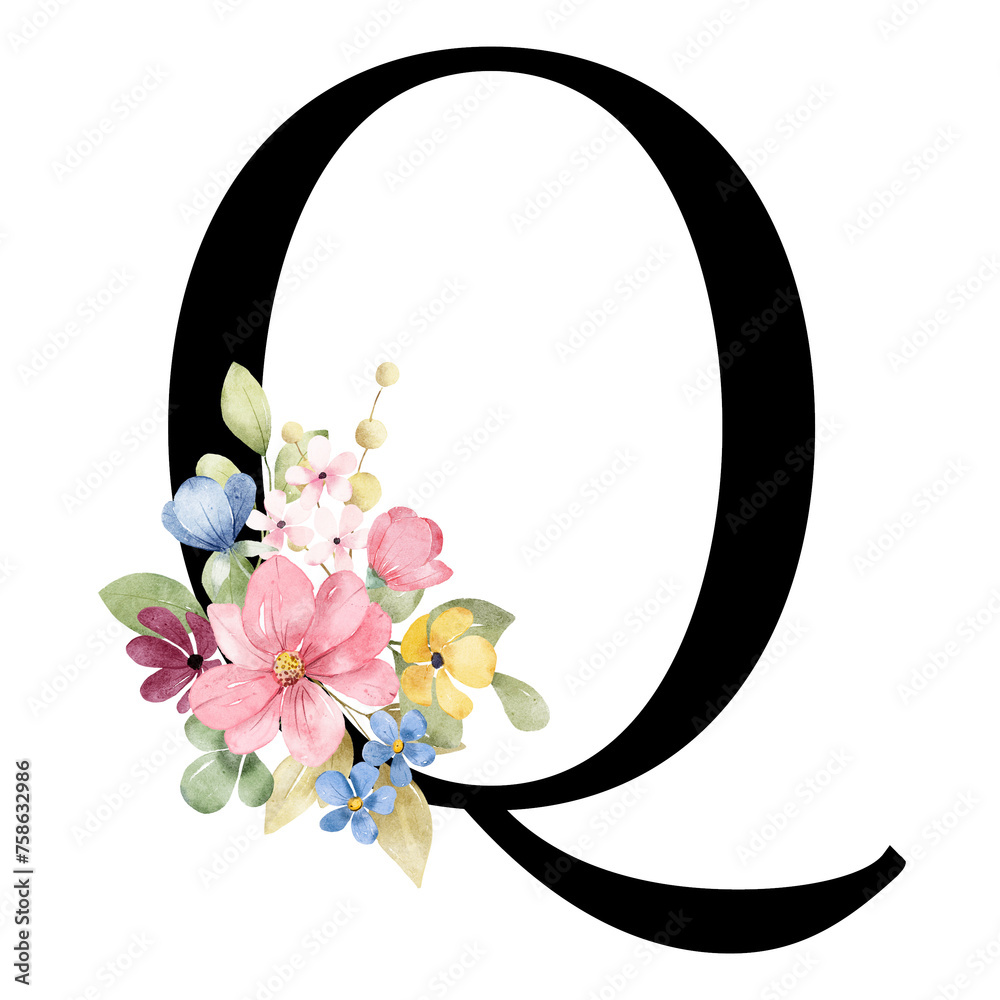 Letter Q with watercolor flowers and leaf. Monogram initial, letterhead ...