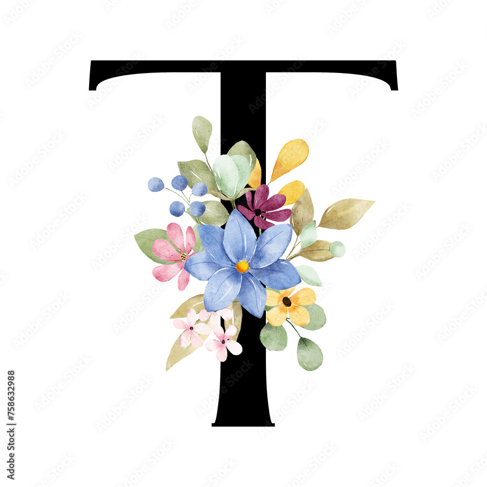 Letter T with watercolor flowers and leaf. Monogram initial, letterhead ...