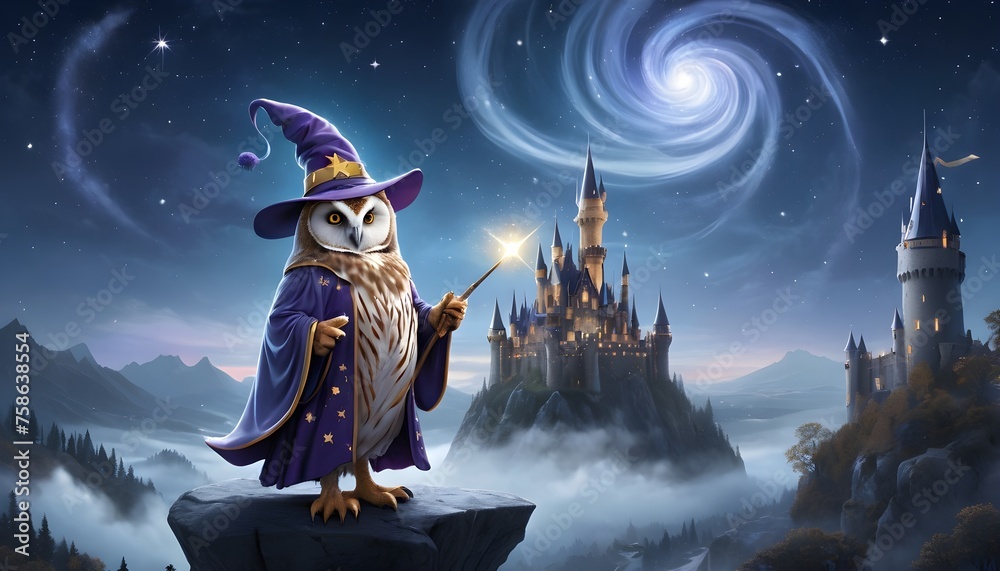 An owl dressed as a wizard with a pointy hat robe covered in stars and ...