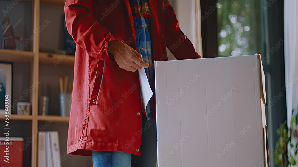 Person in a red coat unpacking a white box on a table indoors with ...