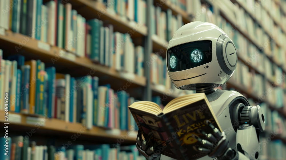 A humanoid robot with a sleek white design is reading a book in a ...