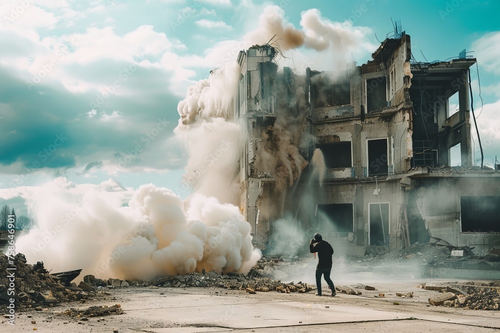 Demolition expert detonating explosives to bring down a dilapidated ...