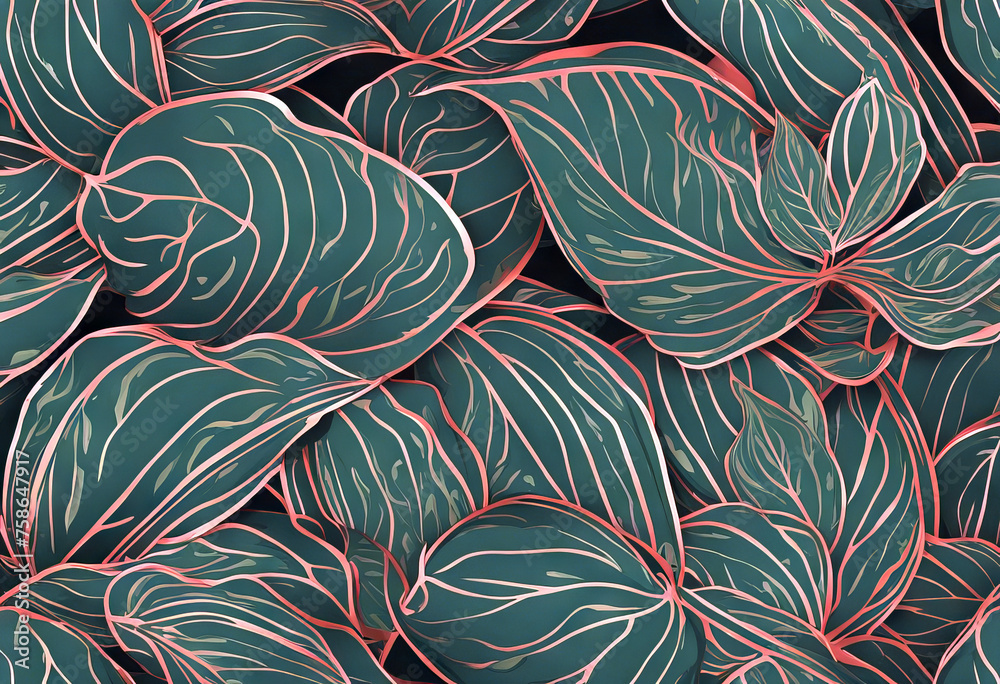 Hand-drawn emerald green Hosta leaves with copper metallic outline ...
