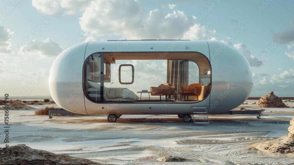 Modern, capsule-shaped tiny home on wheels situated on a sandy ...