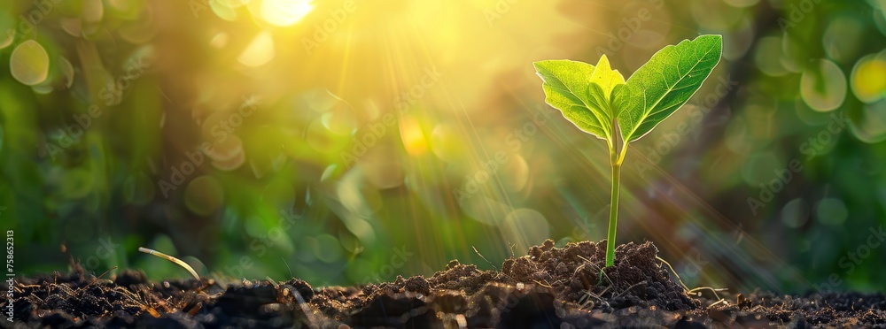 A young plant sprout is growing in soil with morning sunlight. The ...