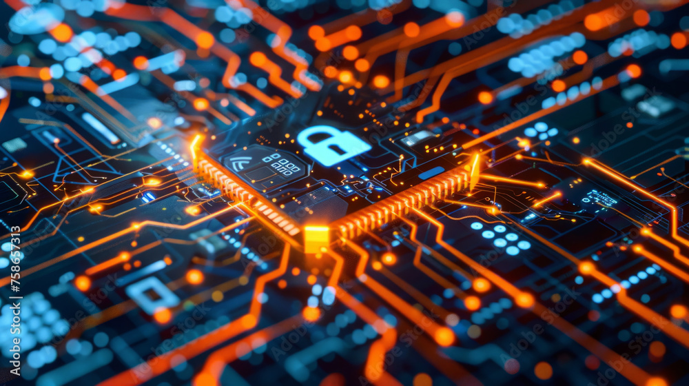 A vibrant digital representation of a circuit board with an illuminated ...