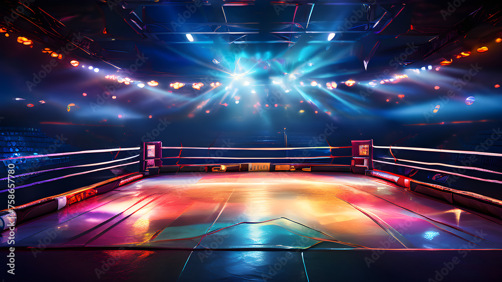 Bright colorful spotlights shining on a Boxing ring inside a wrestling ...