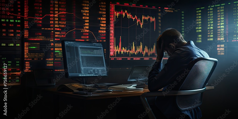 In despair, a businessman holds his head in front of a red stock market ...
