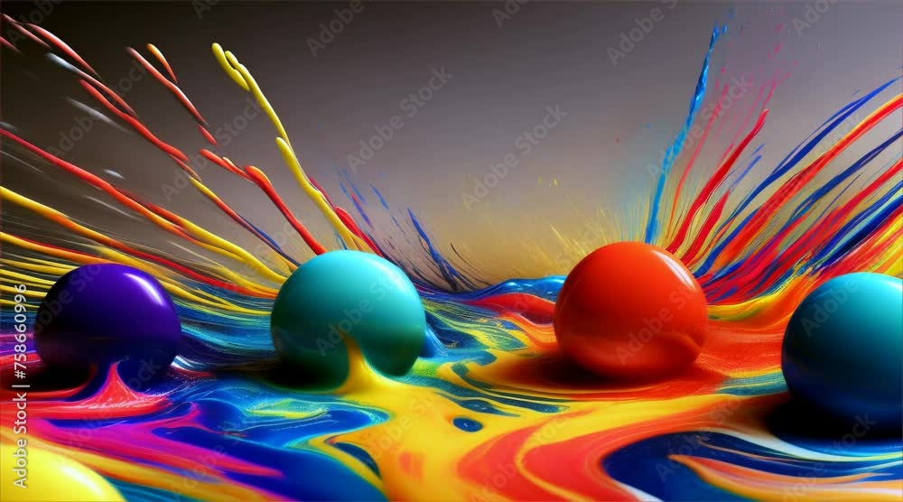 A colorful painting of balls in a pool of paint. The balls are of ...