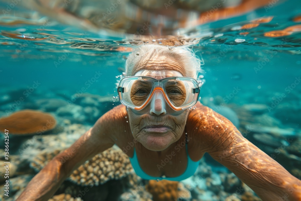 Close-up of a senior woman in swimsuit and snorkeling mask diving ...