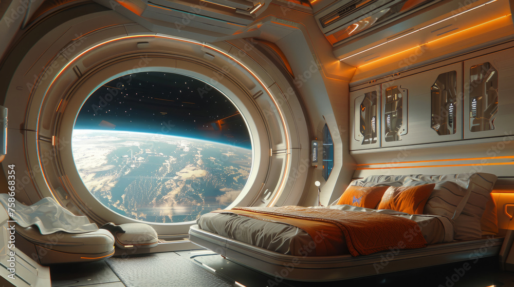 A spacious and modern spacecraft interior with a large window offering ...
